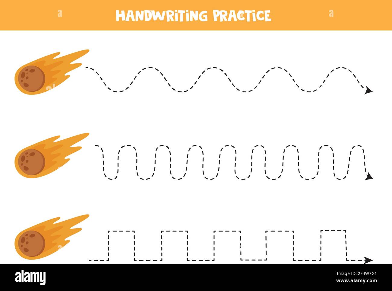 Tracing lines for kids with cartoon space comet. Handwriting practice ...