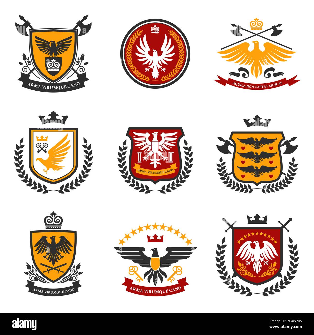 Heraldic emblems and shield set with eagle birds isolated vector ...