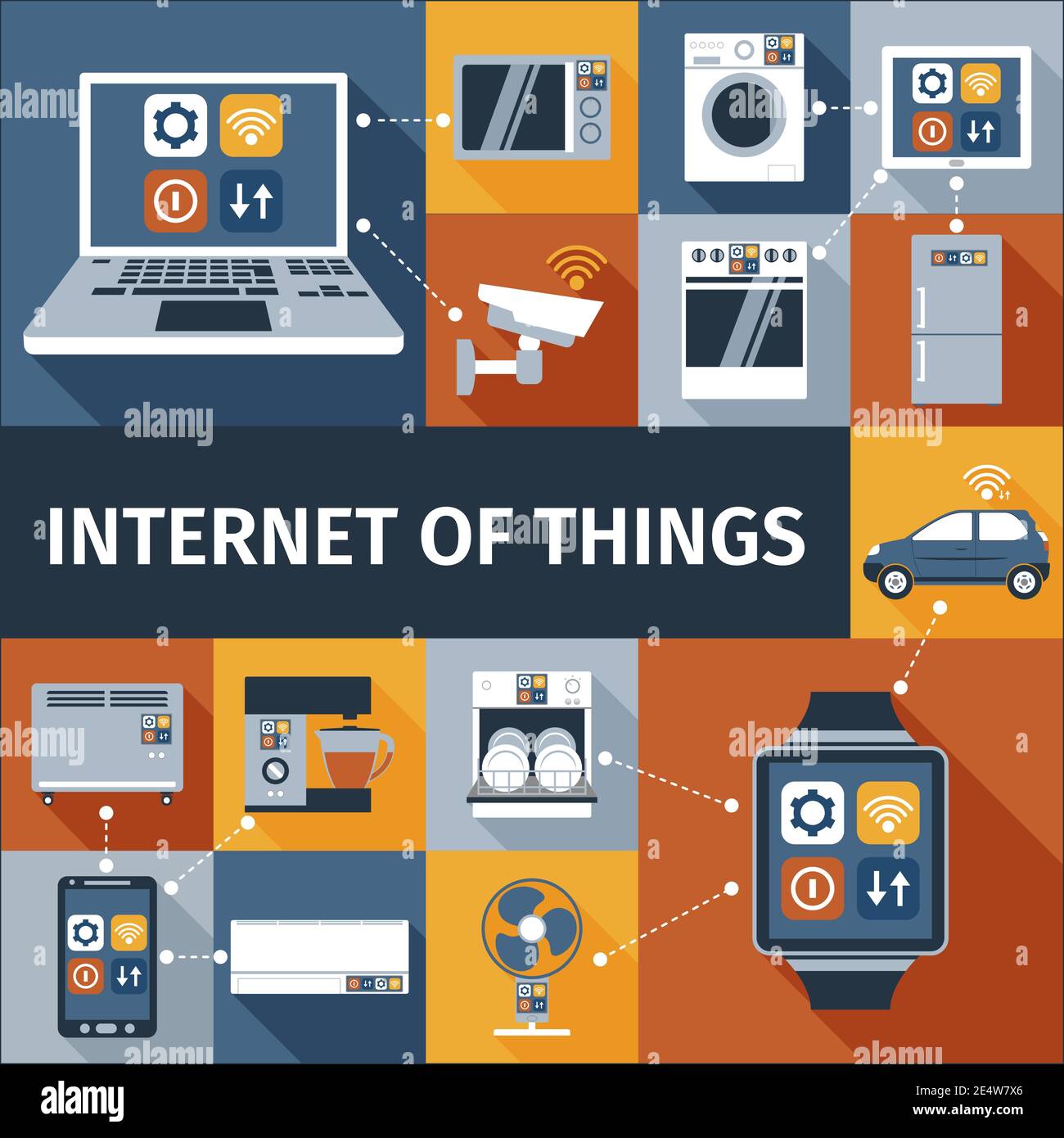 Internet of things computer and smart watch remote control flat icons ...