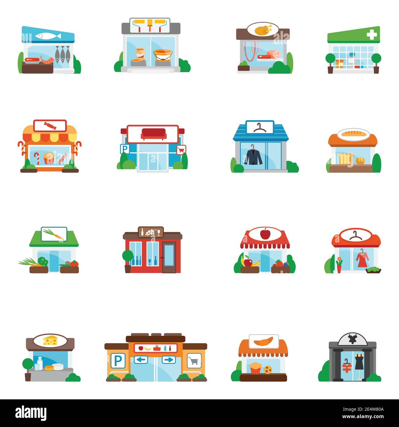 Store and shop buildings commercial restaurants flat icons set isolated ...
