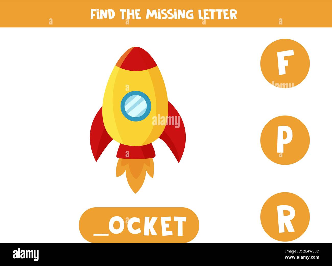 Find missing letter. Cute cartoon space rocket. Educational spelling ...