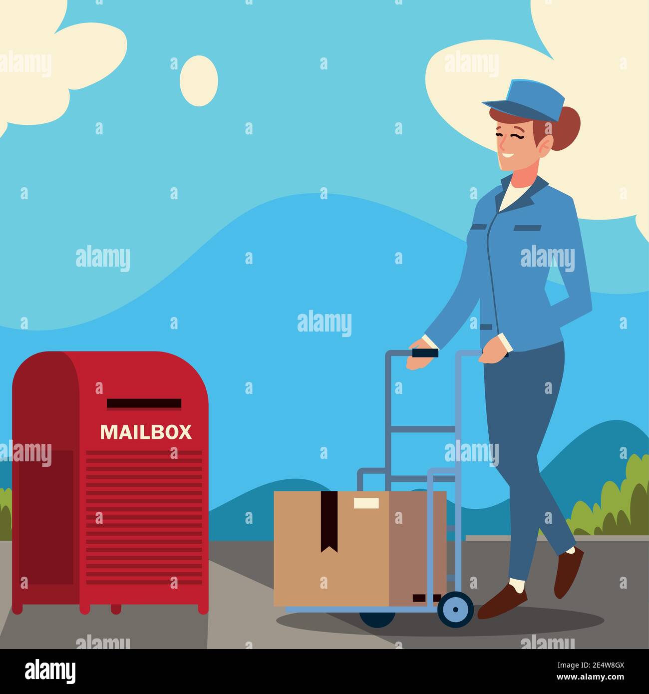 postal service female worker with push cart box and mailbox in the ...