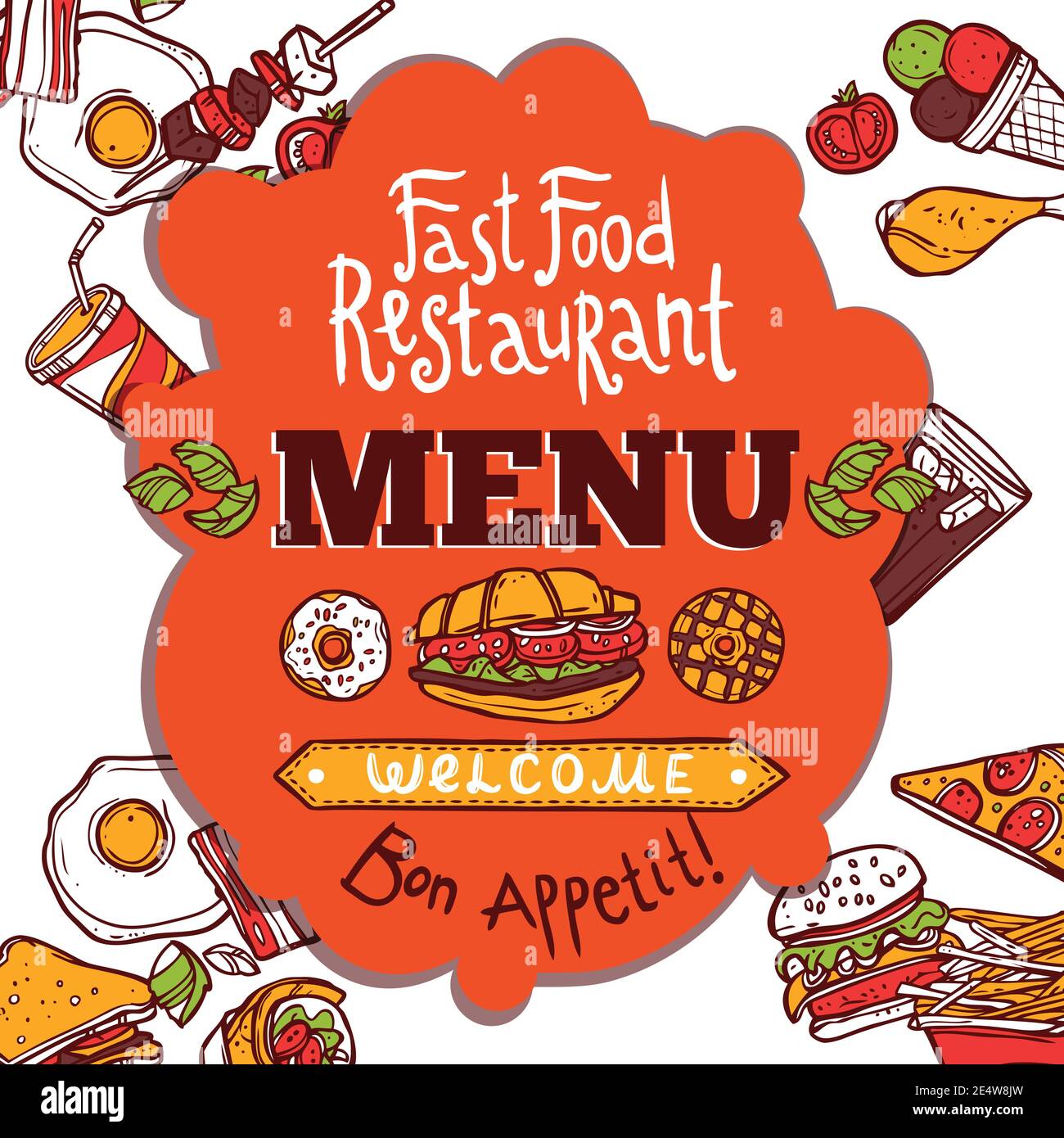 Fast food restaurant colored menu with sketch dishes drinks and enjoy ...