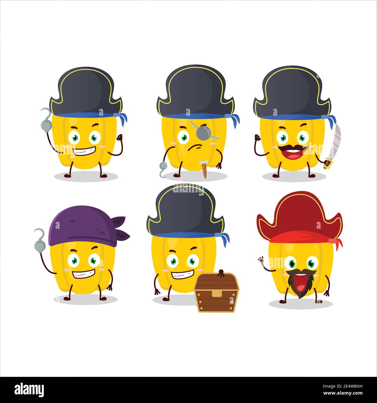 Cartoon character of yellow pepper with various pirates emoticons ...