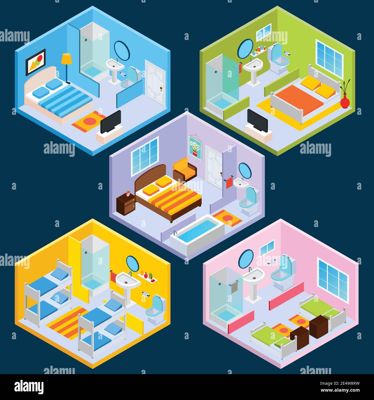 Isometric hotel interior set with 3d furniture and decoration icons ...