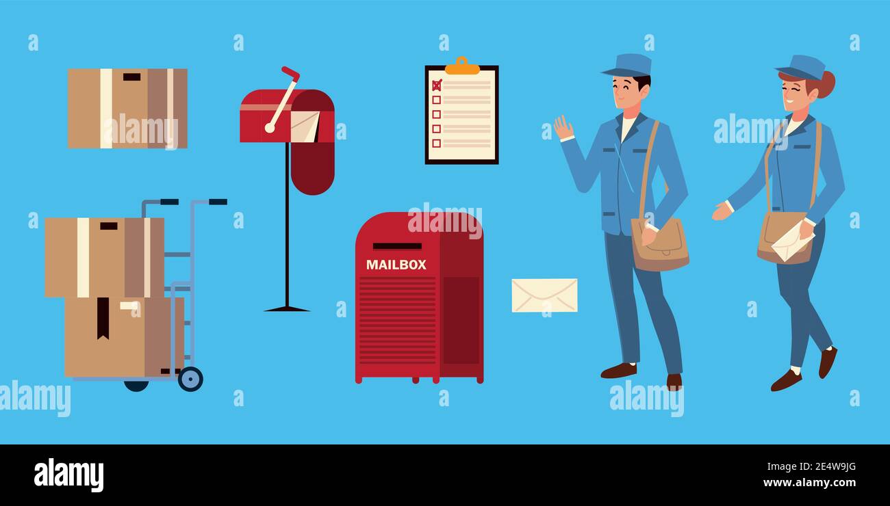 postal service man and woman worker, mailbox envelope boxes vector ...