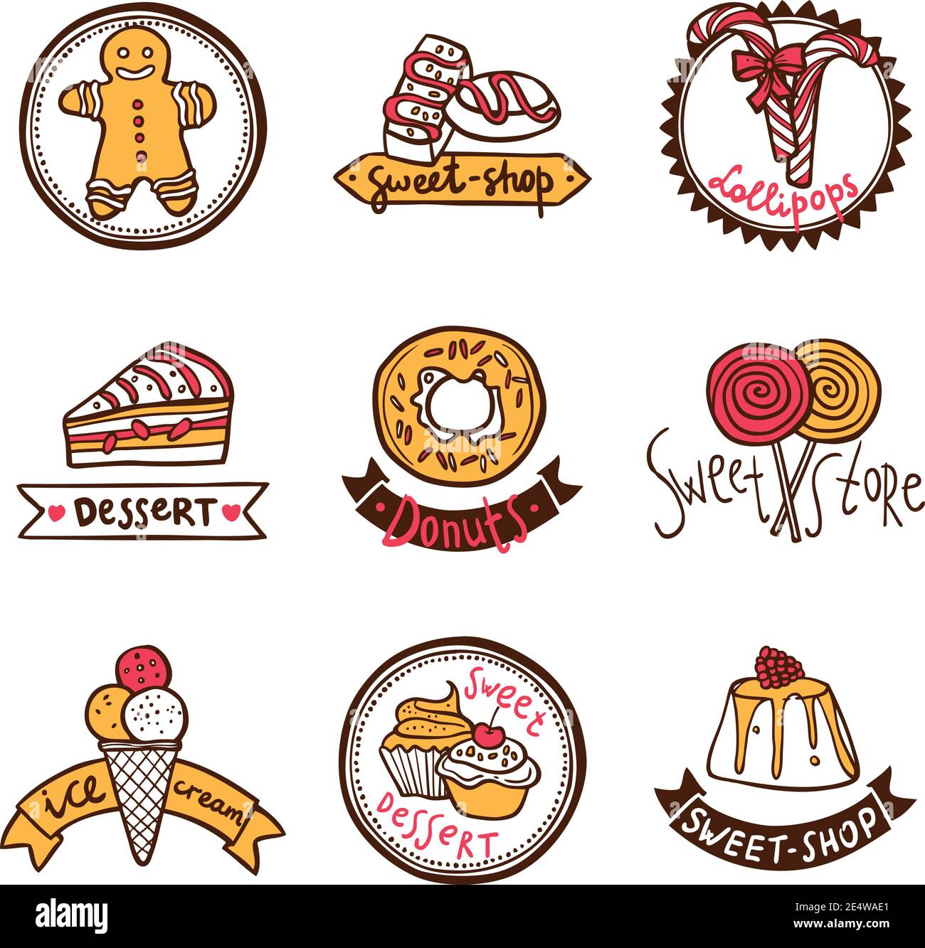 Sweetshop confectionary cake store donuts desserts symbols and ice ...