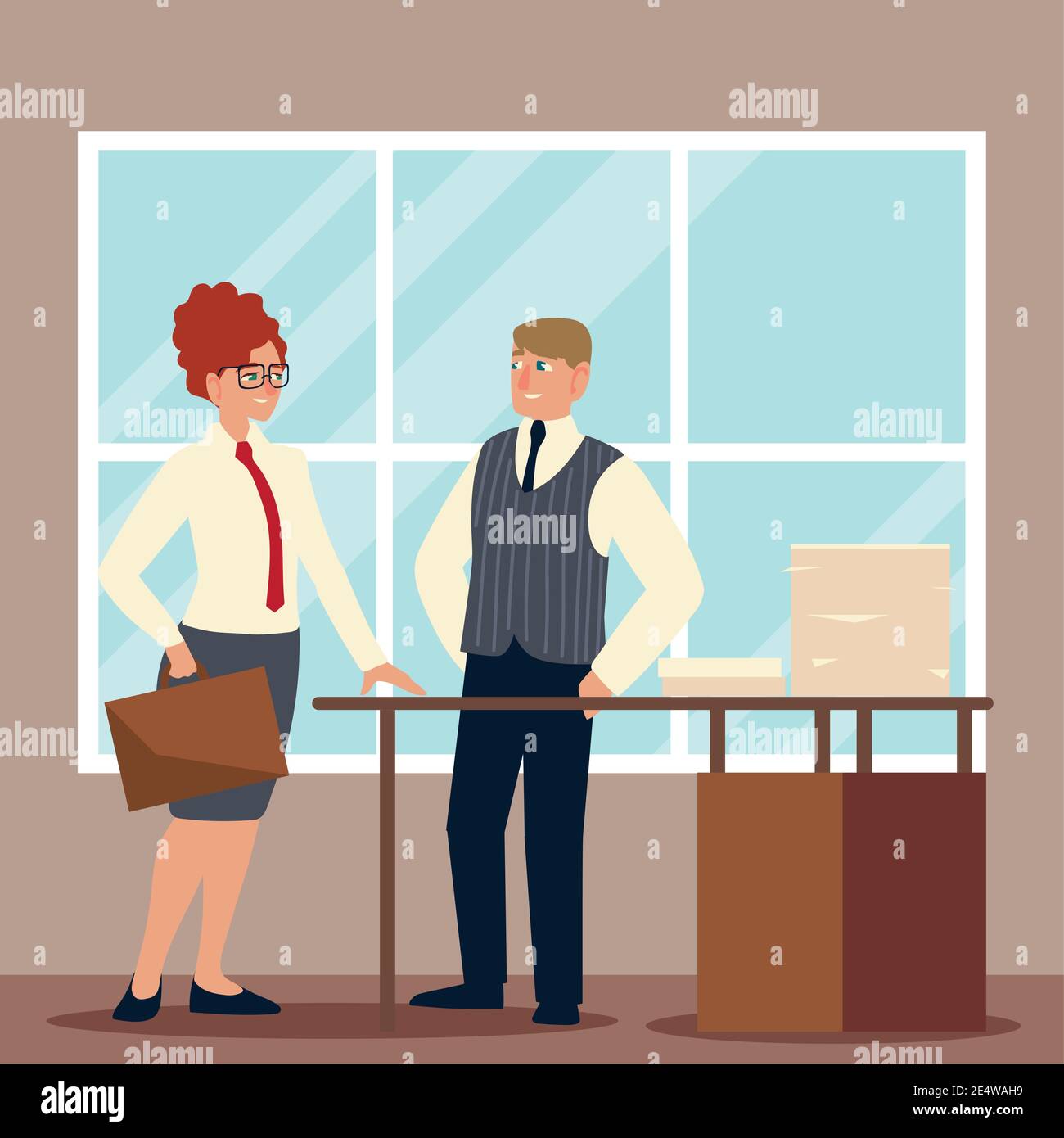 businessman and business woman with briefcase papers in box on desk ...