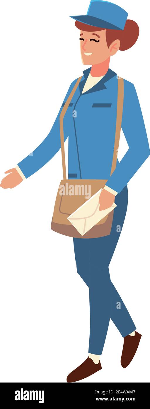 female post office worker with bag and envelope vector illustration ...