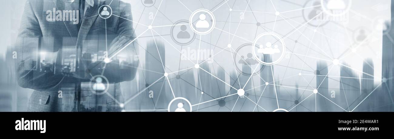 Background conceptual image with social connection lines on panoramic ...