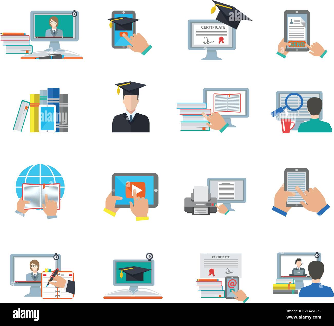 Online education e-learning digital graduation flat icon set isolated ...