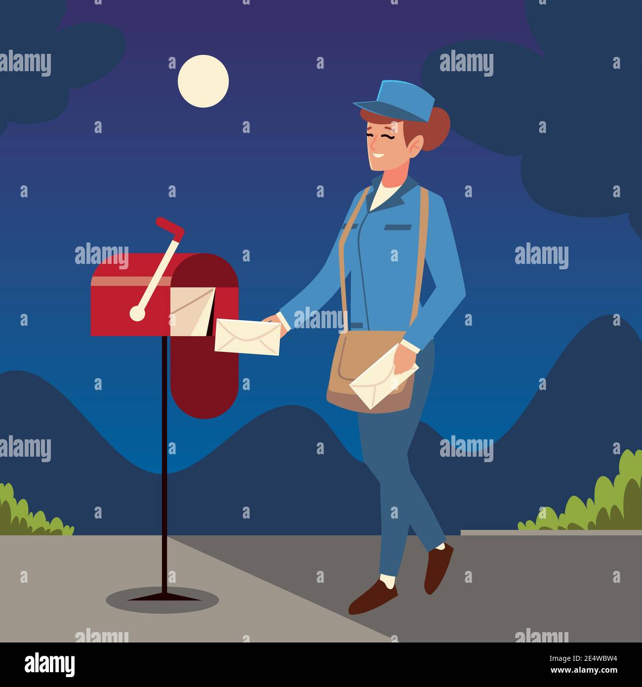 postal service, female worker with envelope work night vector ...
