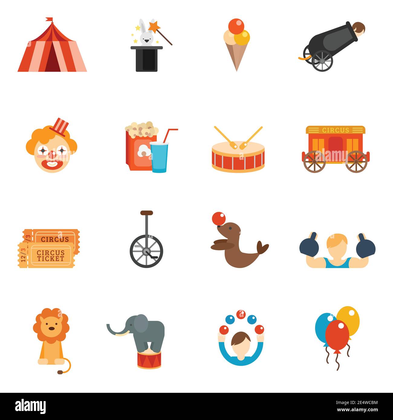 Circus performance icon flat set with tent clown rabbit in hat isolated ...