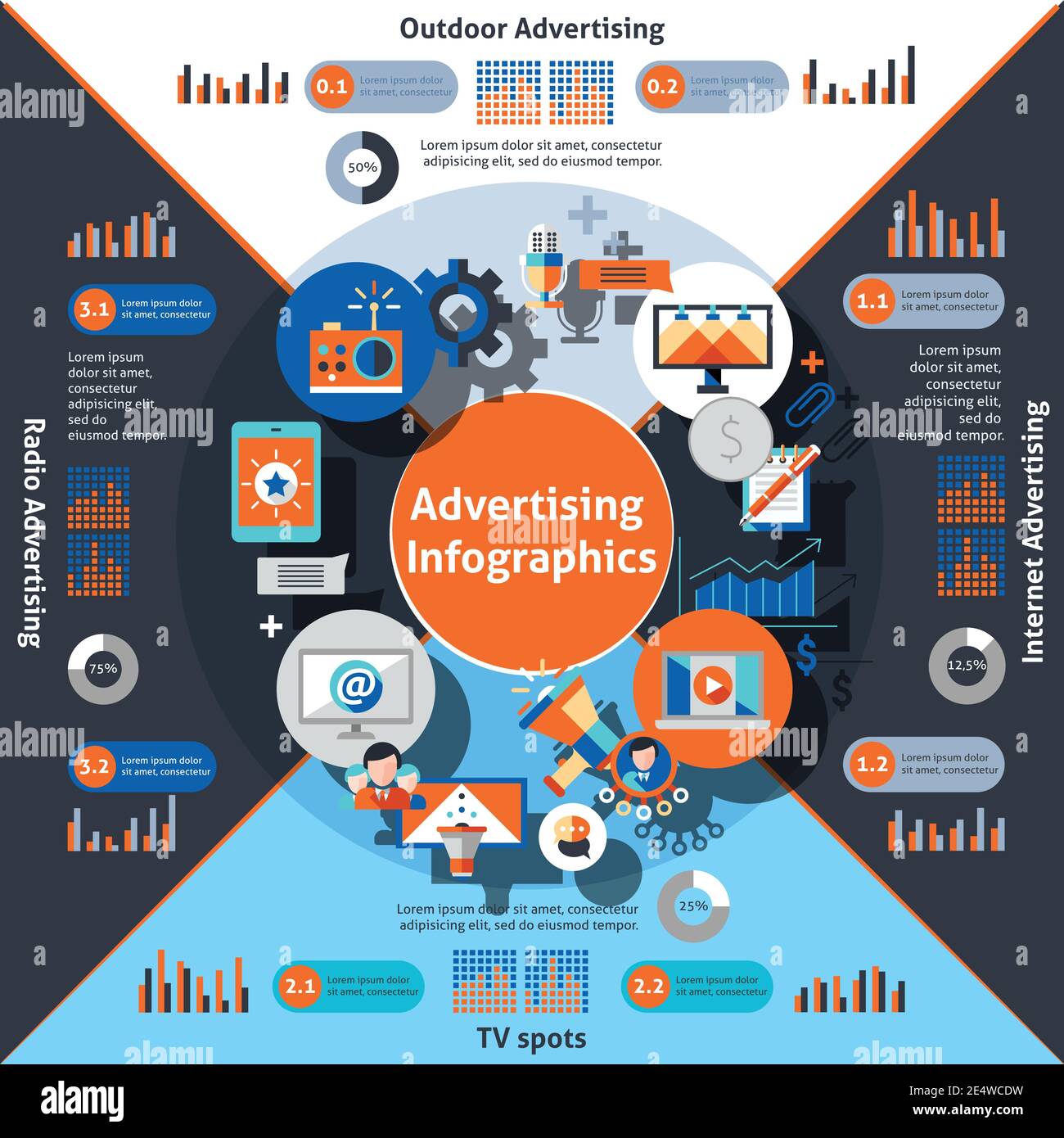 Advertising infographics set with marketing and commercial symbols and ...