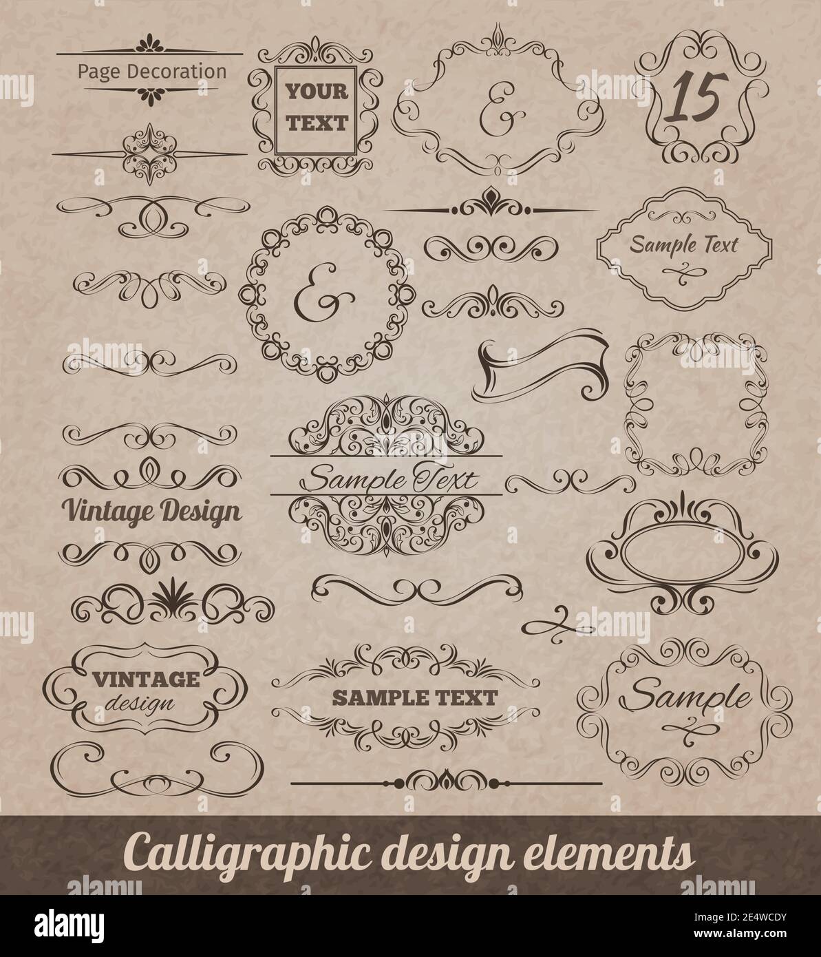 Calligraphic design elements set with card decoration scrolls and ...