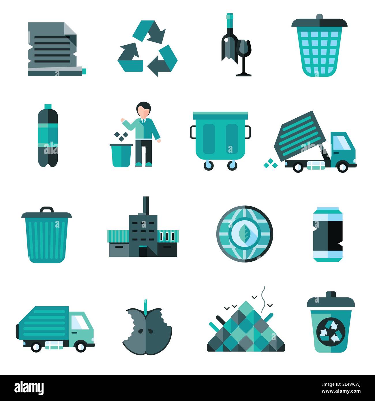 Garbage icons set with recycling symbol bulldozer trash basket isolated ...