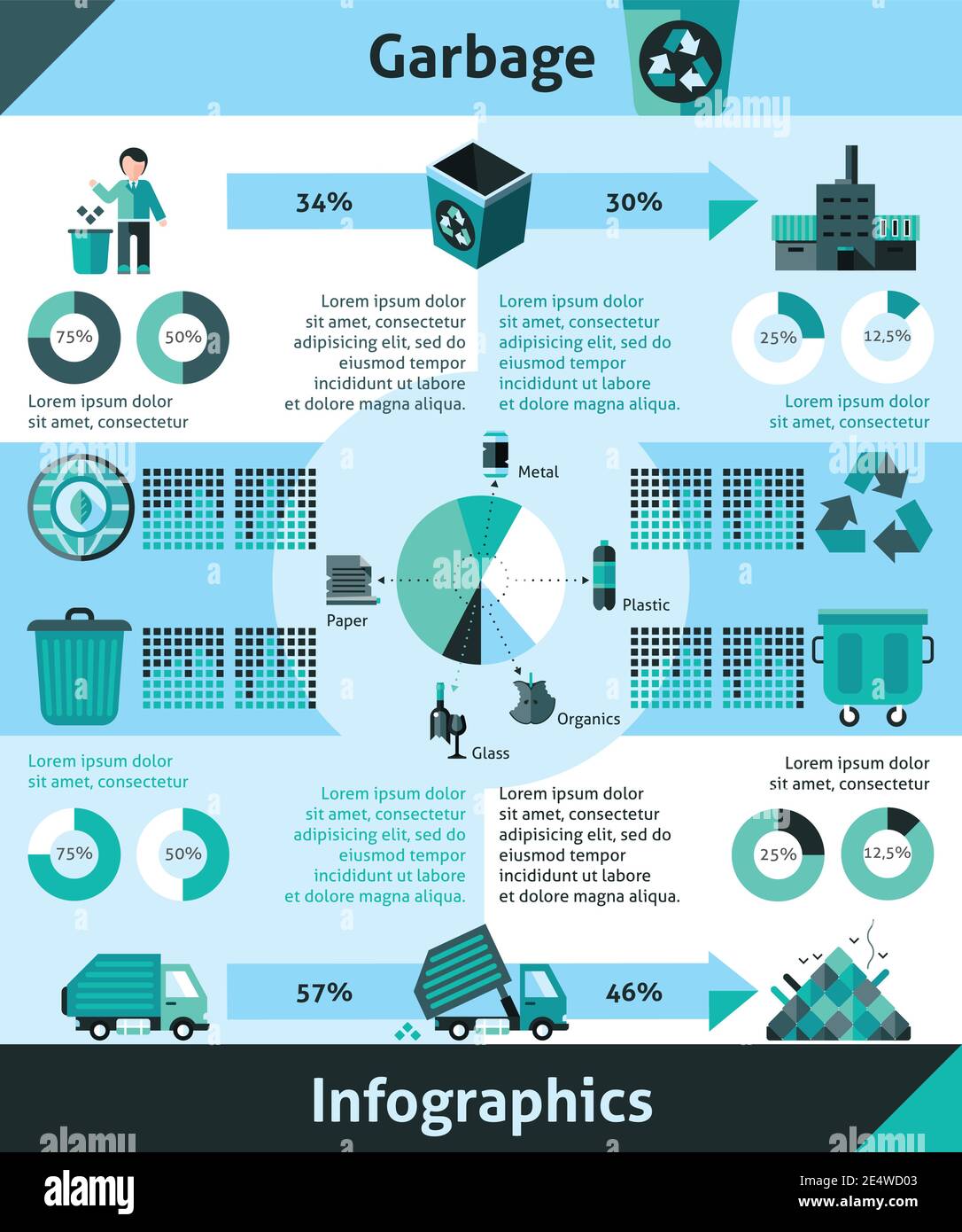 Garbage infographics set with cleaning and recycling symbols and charts ...