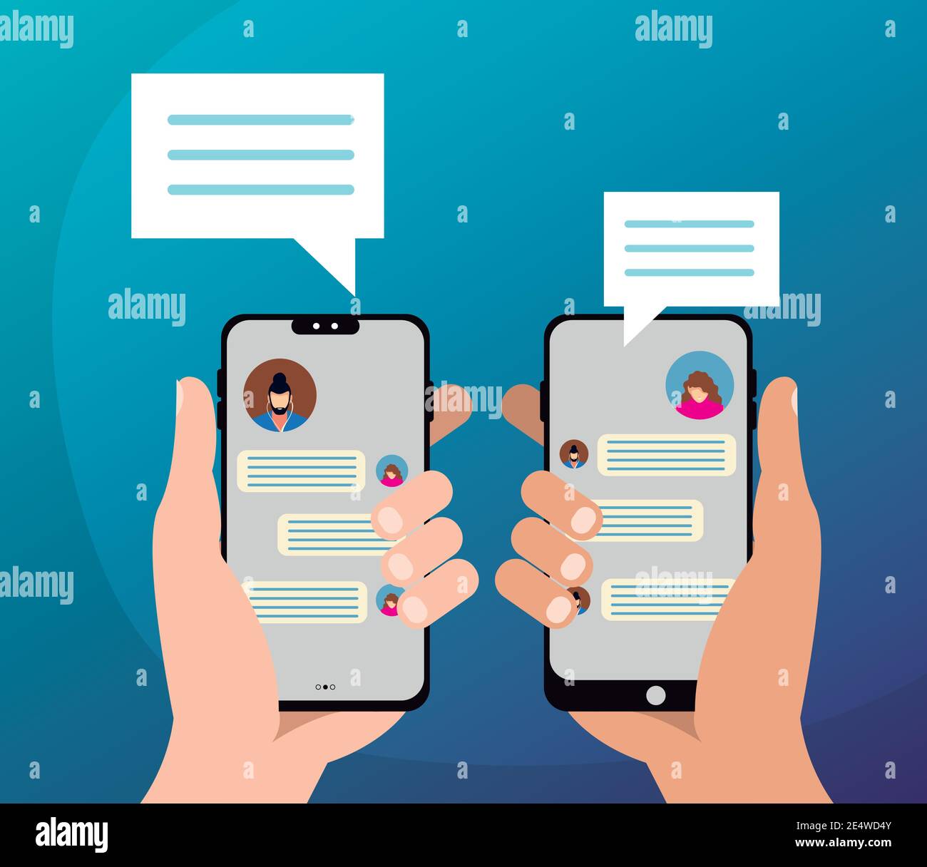 hands with smartphones and chat bubbles in screen vector illustration ...