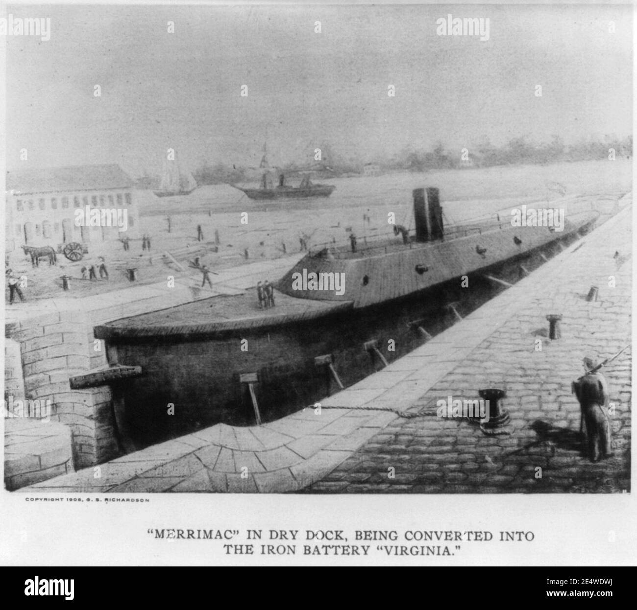 MERRIMAC in dry dock, being converted into the iron Battery VIRGINIA ...