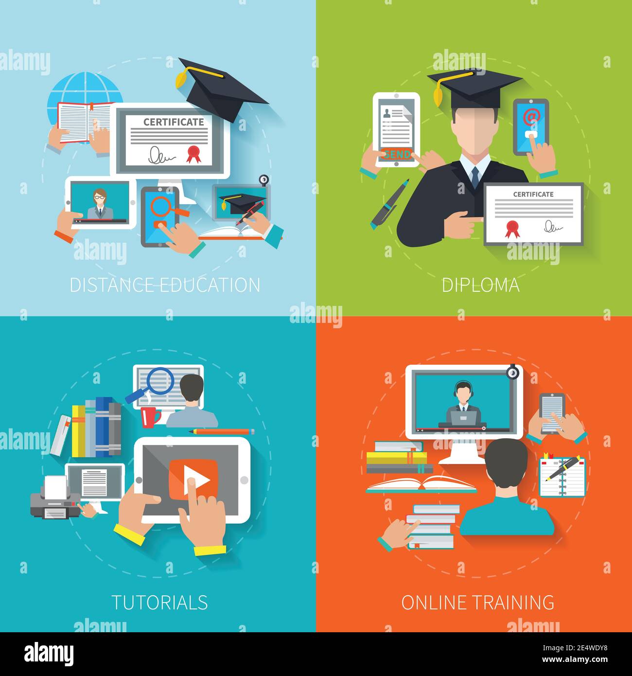 Online education design concept set with distance diploma tutorials ...