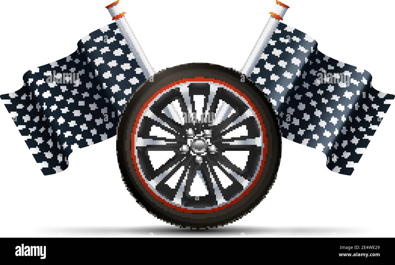 Realistic auto car wheel with flags racing sport concept vector ...