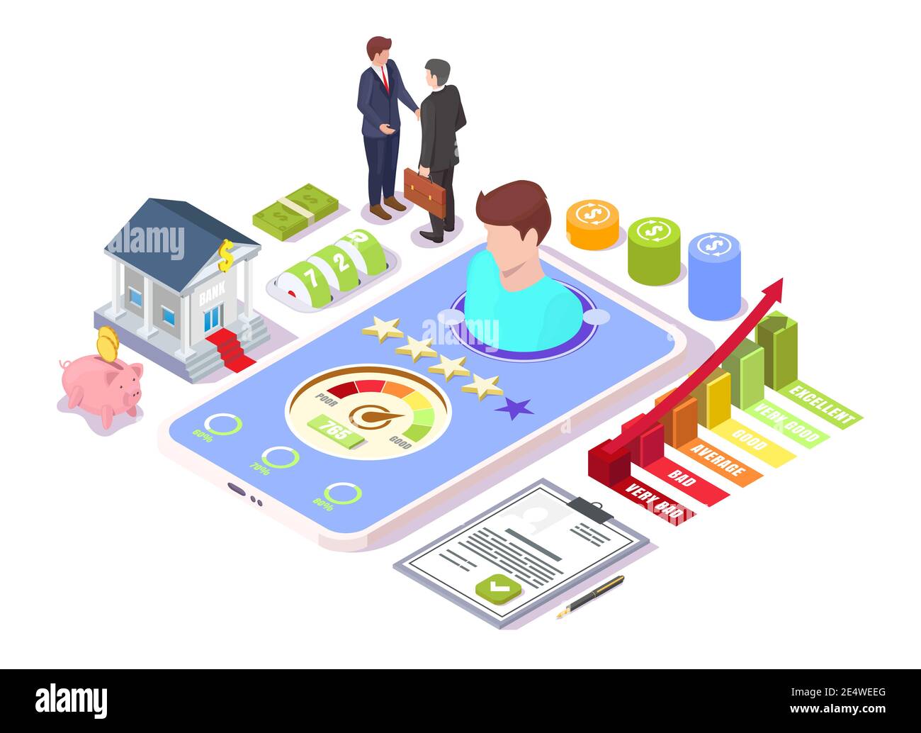 Credit score report, personal rating information online, isometric flat ...