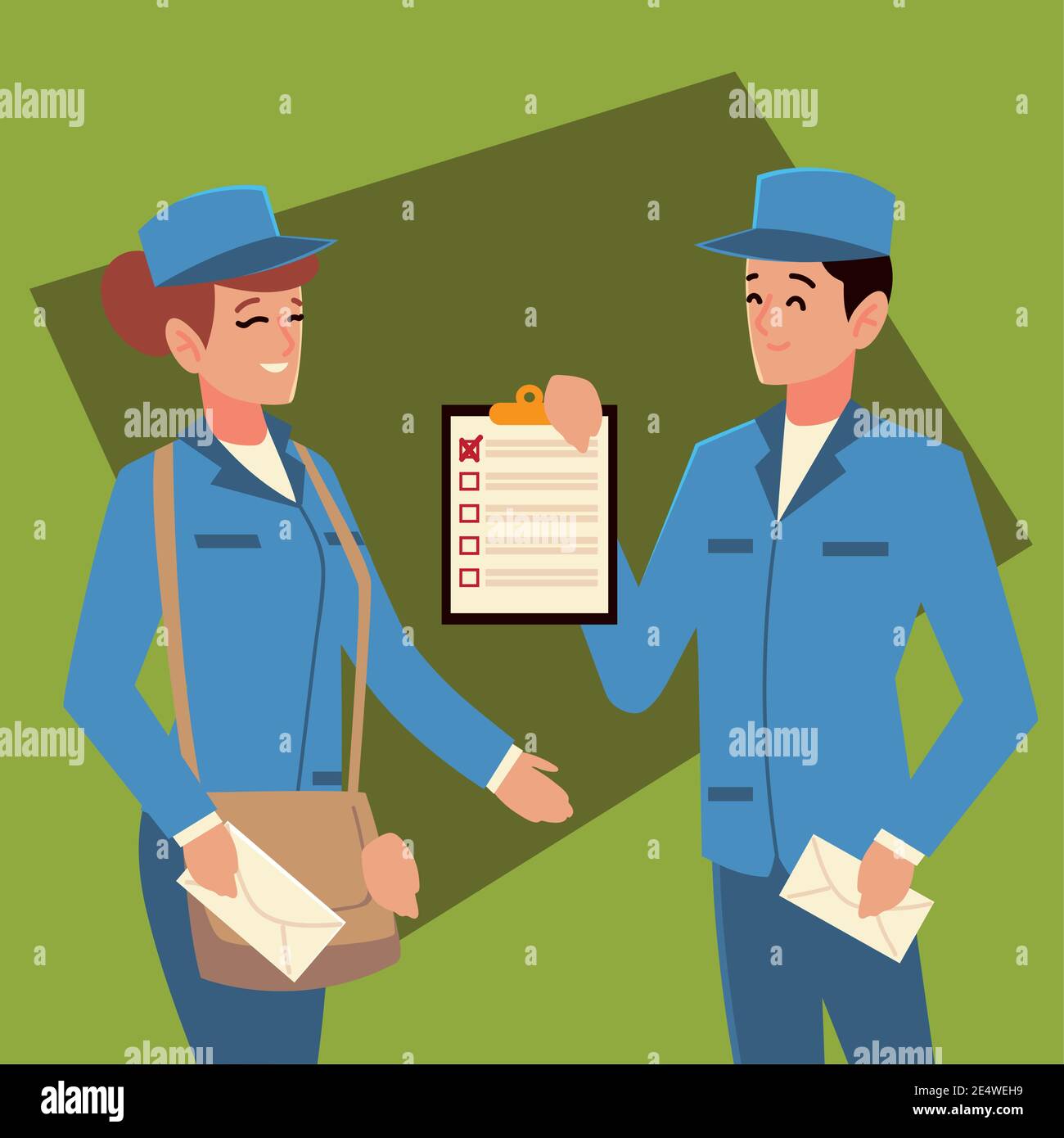 postal service postman and woman characters with envelopes and ...