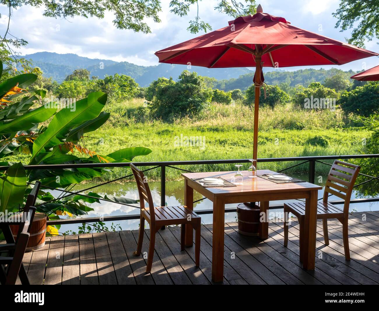 Empty wooden terrace mountain hi-res stock photography and images - Alamy
