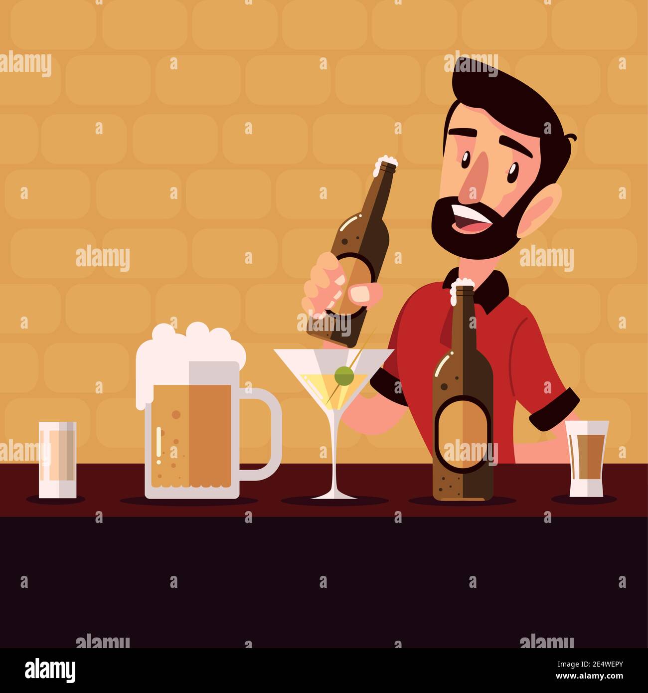 cartoon bartender holding beer bottle and different drinks in counter ...