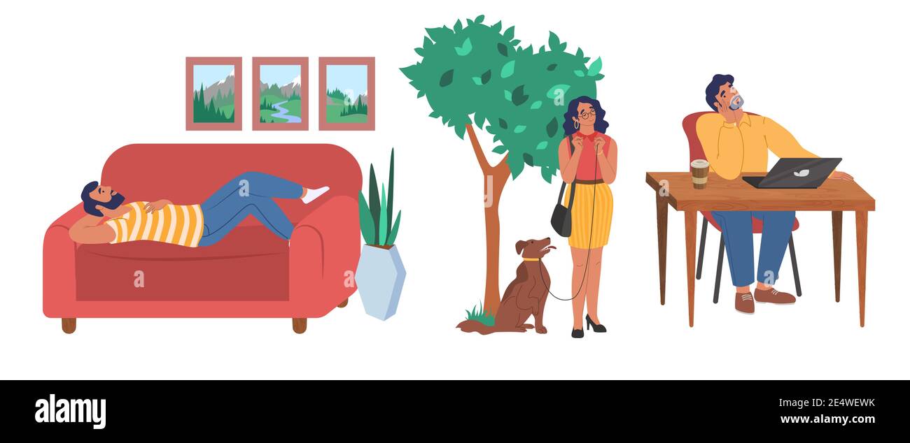 People dreaming scene set, flat vector illustration. Dreamy characters ...