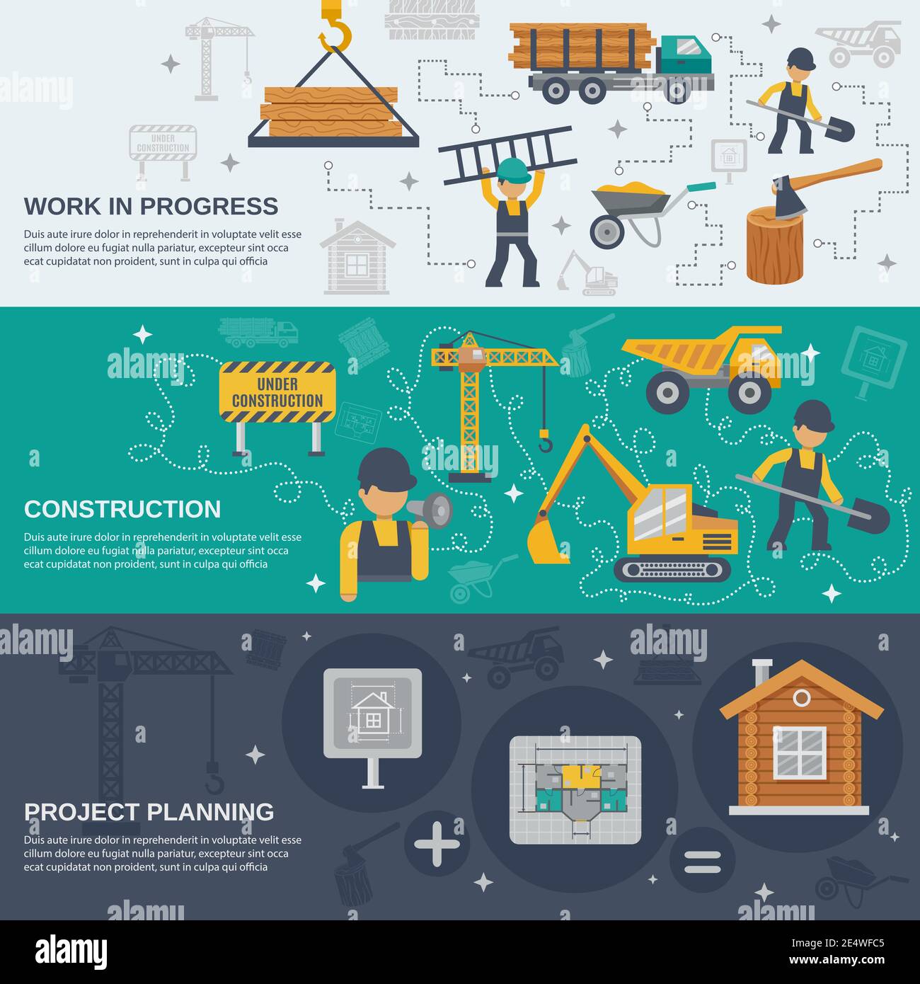 Construction horizontal banner set with work in progress project ...