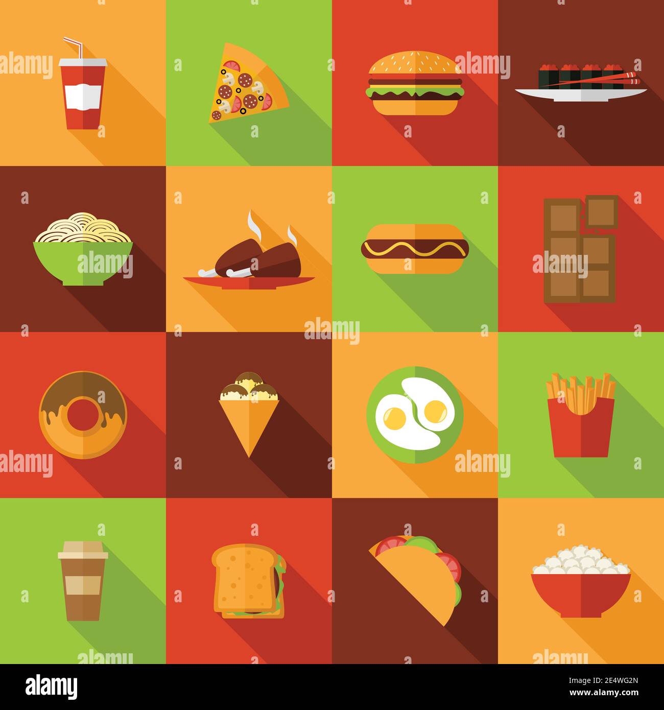 Fast food flat icons set with burger chicken chocolate noodles isolated ...