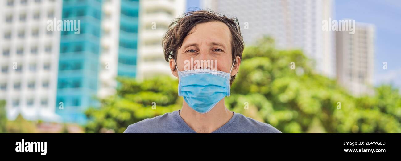 Improper wearing of mask concept. Man wearing mask wrong BANNER, LONG ...