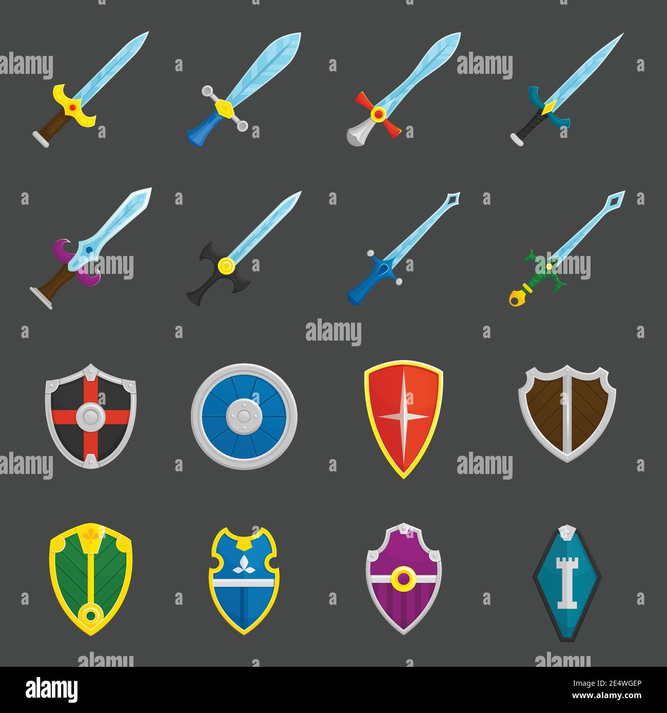 Antique weapon color icons set with heraldic battle shields and ...