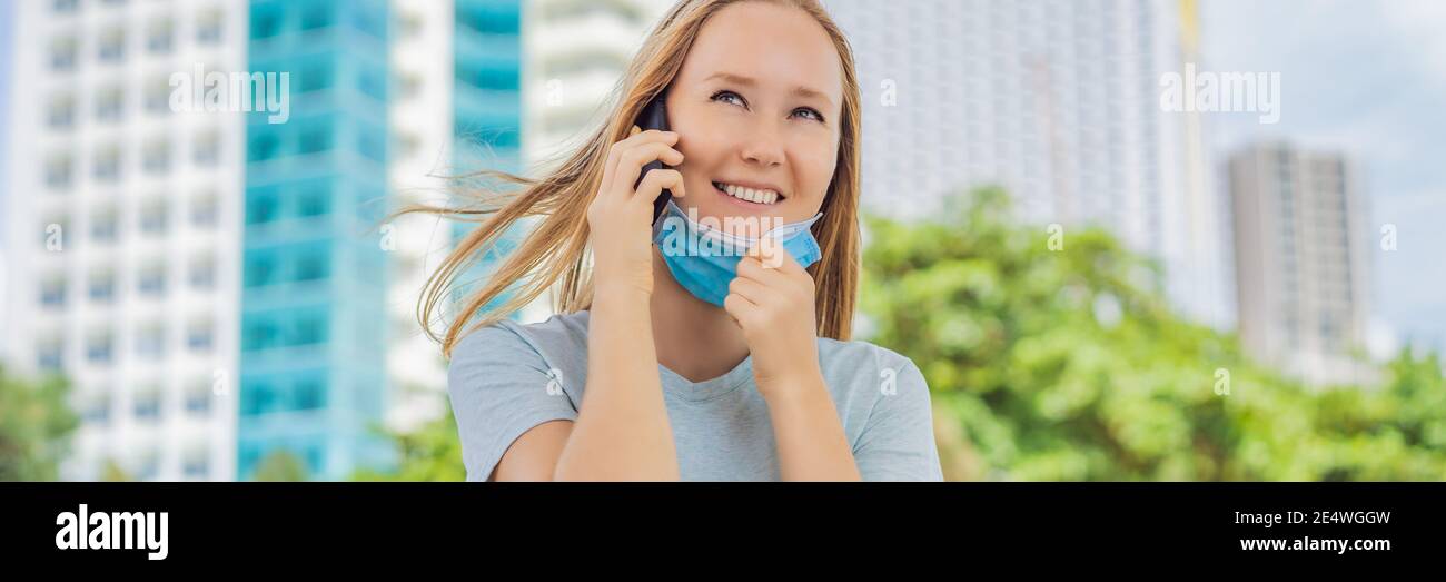 Improper wearing of mask concept. Woman wearing mask wrong, took off ...