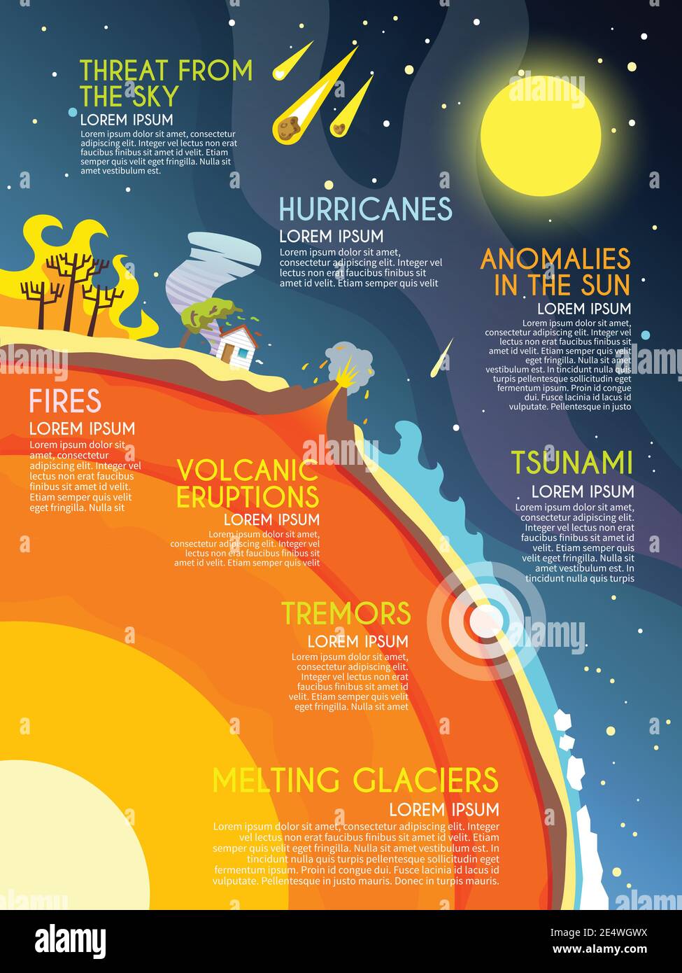 Natural disaster infographics set with fires volcanic eruption melting ...
