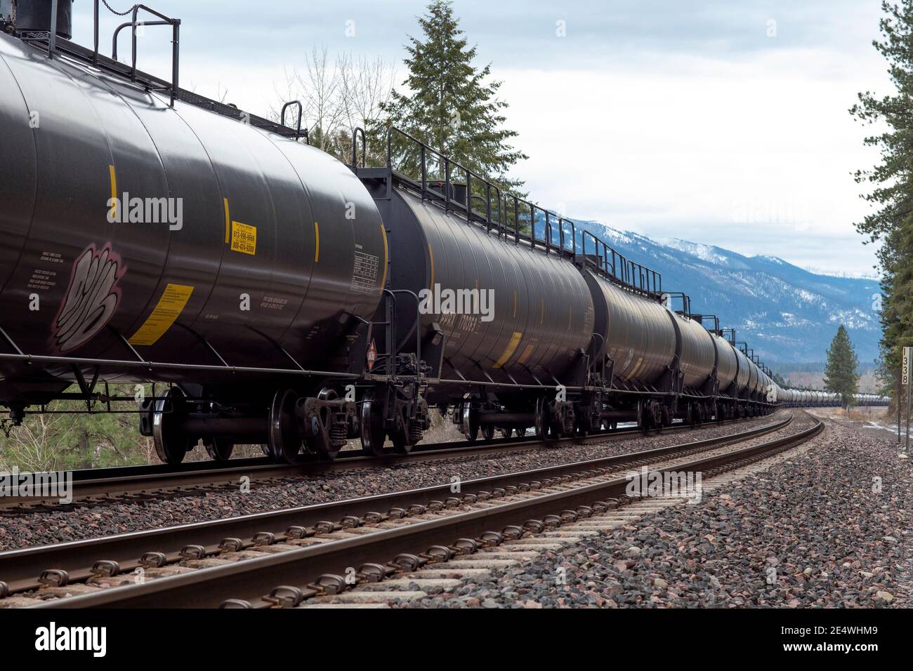 A line of DOT-111 railroad tanker cars, on the tracks at the BNSF train ...