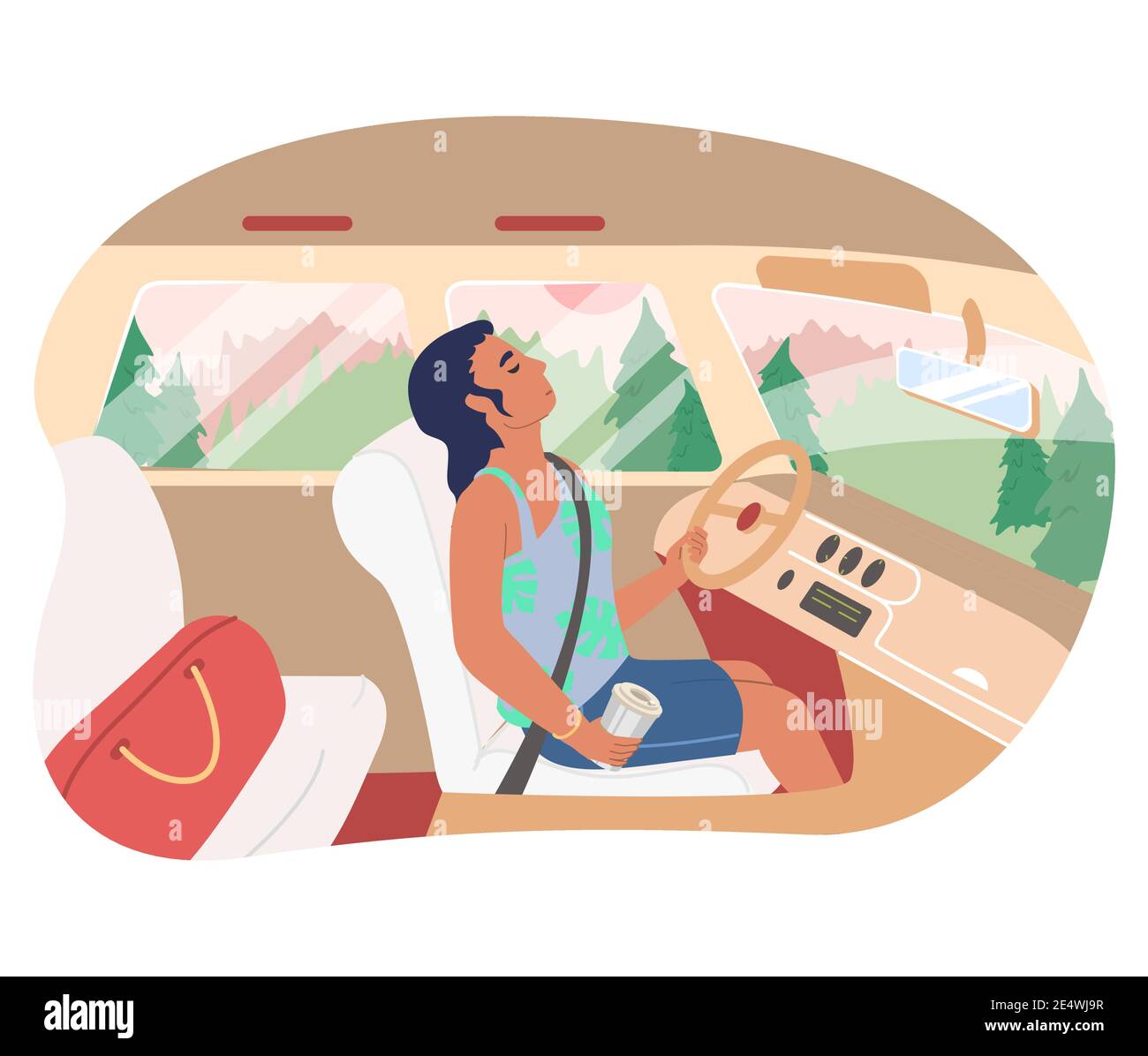 Sleepy girl driving car, flat vector illustration. Tired female driver ...
