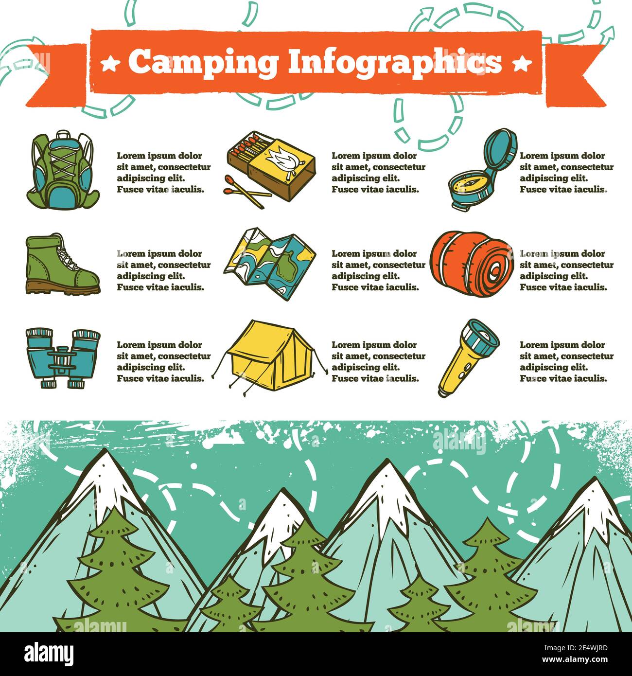 Camping infographics sketch set with outdoor recreation icons and ...