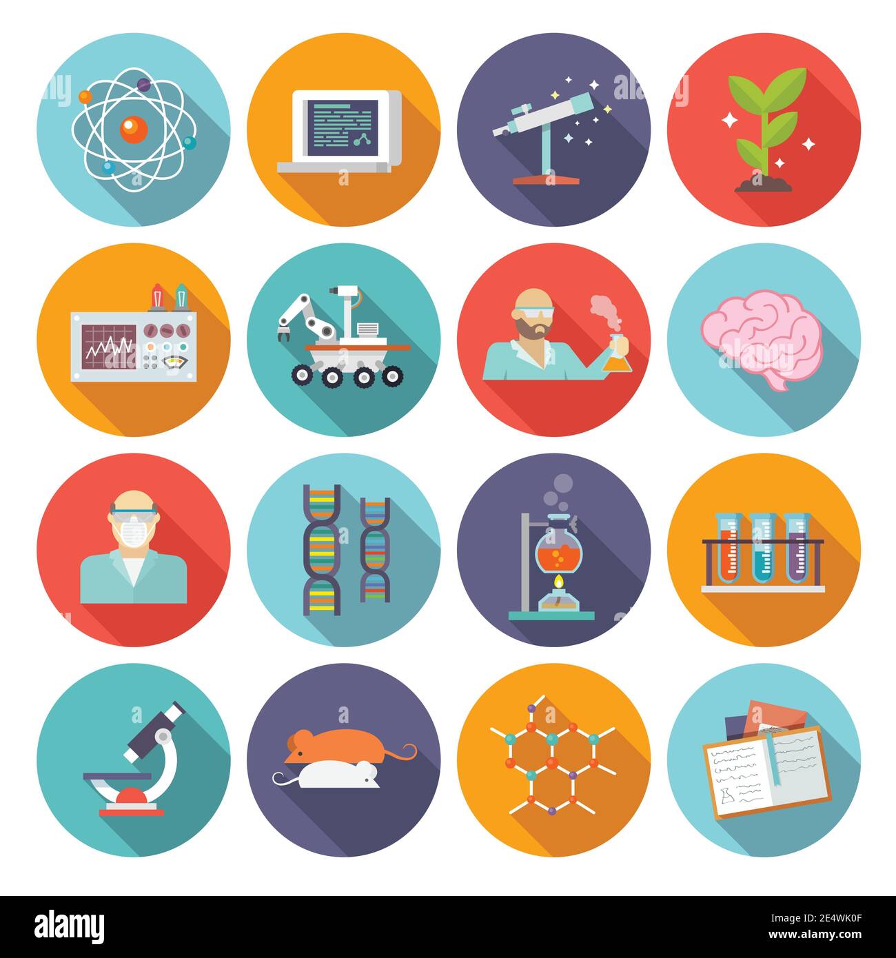 Science and biology chemistry and physics research icon flat set ...