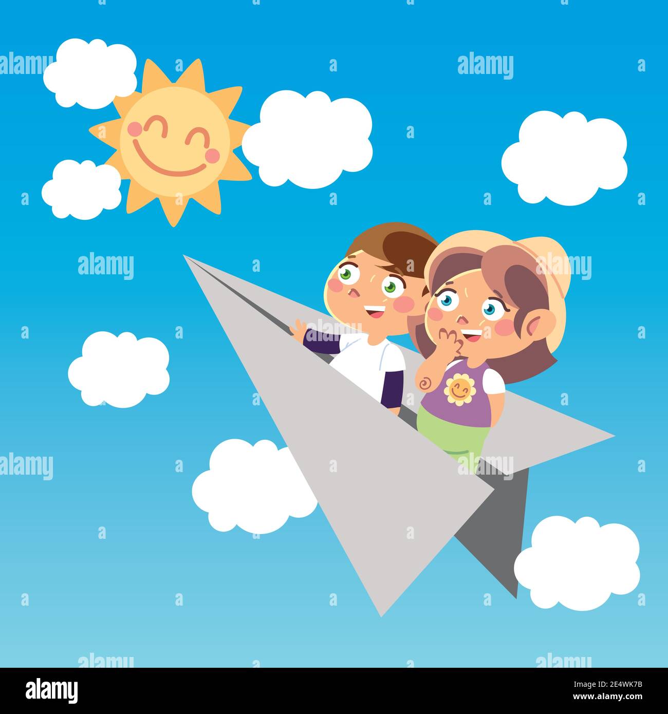 cute boy and girl on paper plane cartoon, children vector illustration ...