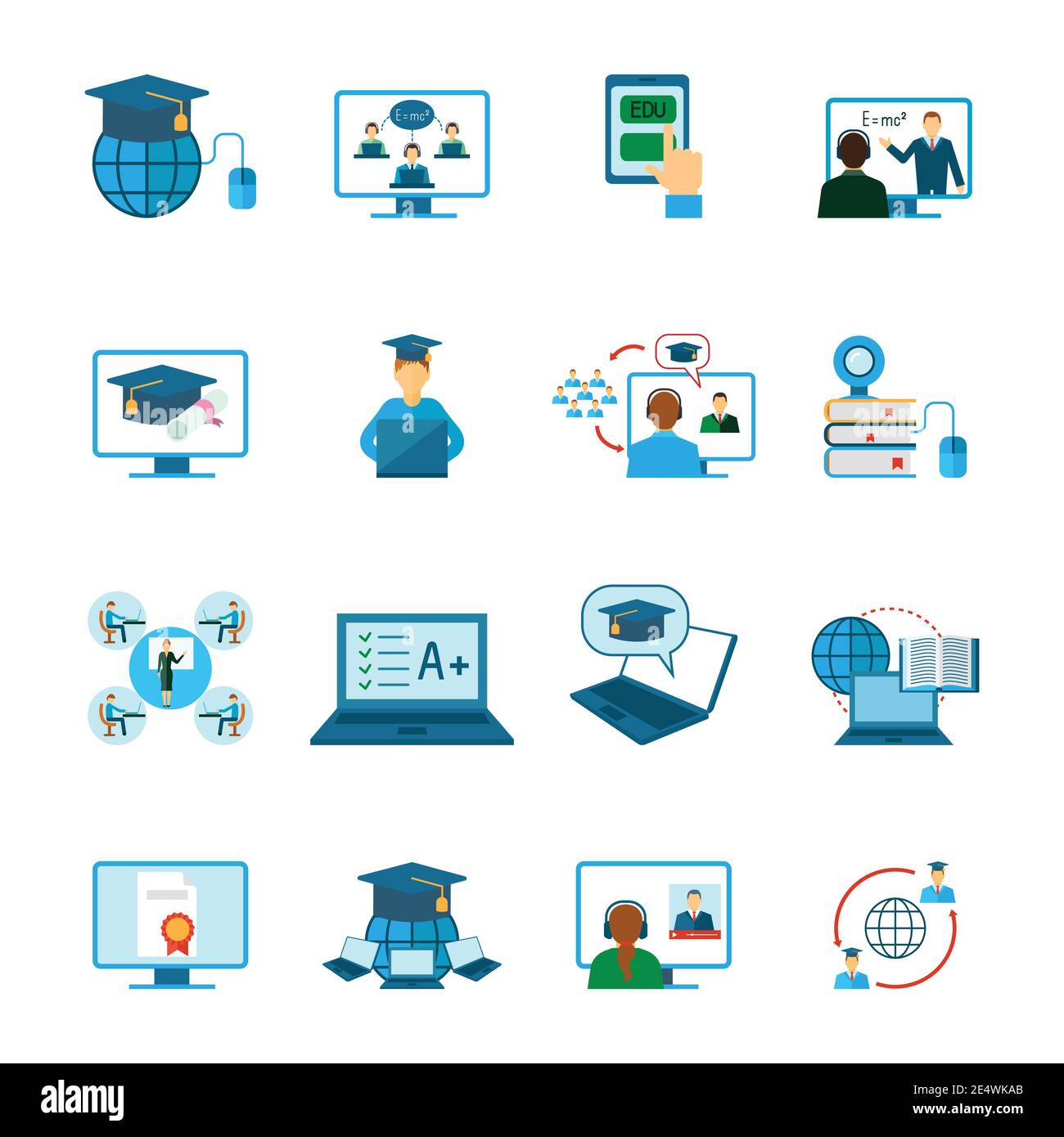 Online education learning and training icon flat set isolated vector ...