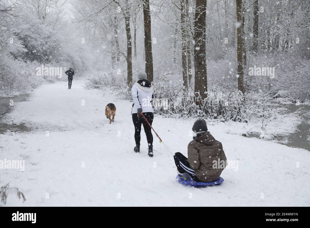 Peterborough, UK. 24th Jan, 2021. Heavy snow falls as people are out at ...