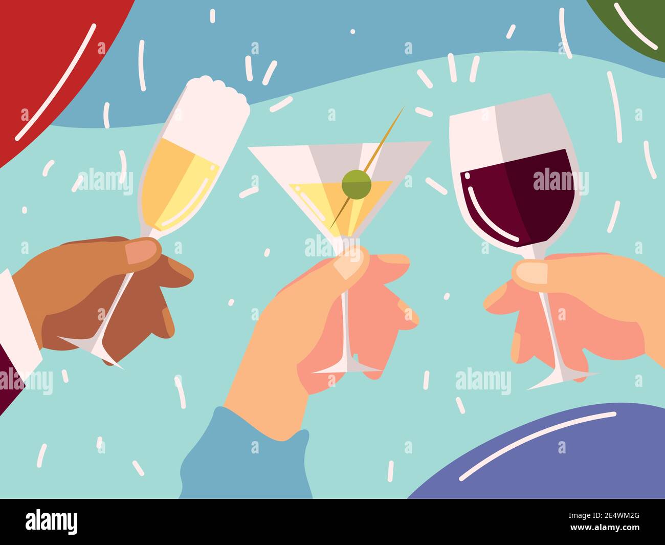 cheers, hands with cocktails wine glass celebration vector illustration ...