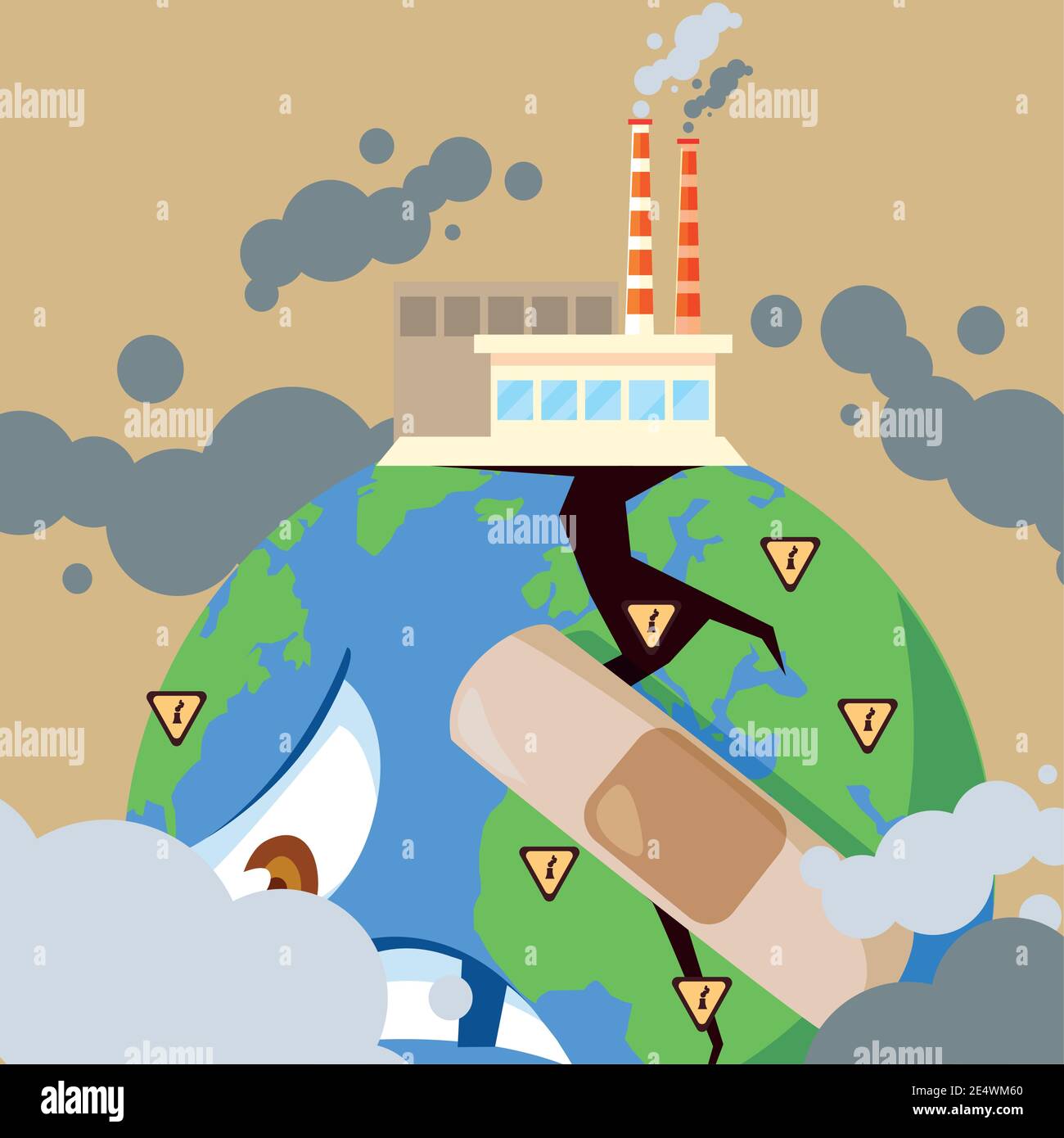 sad earth planet with factories producing smog, pollution vector ...