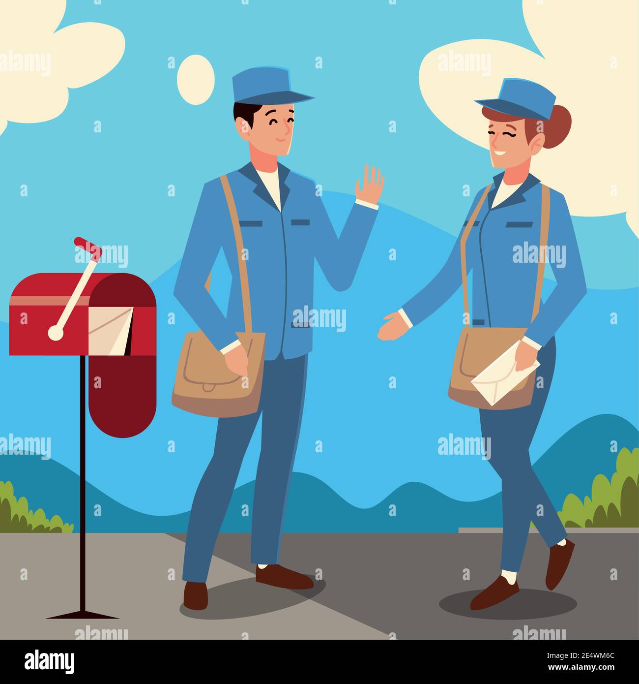 postal service postman and woman character mailbox vector illustration ...
