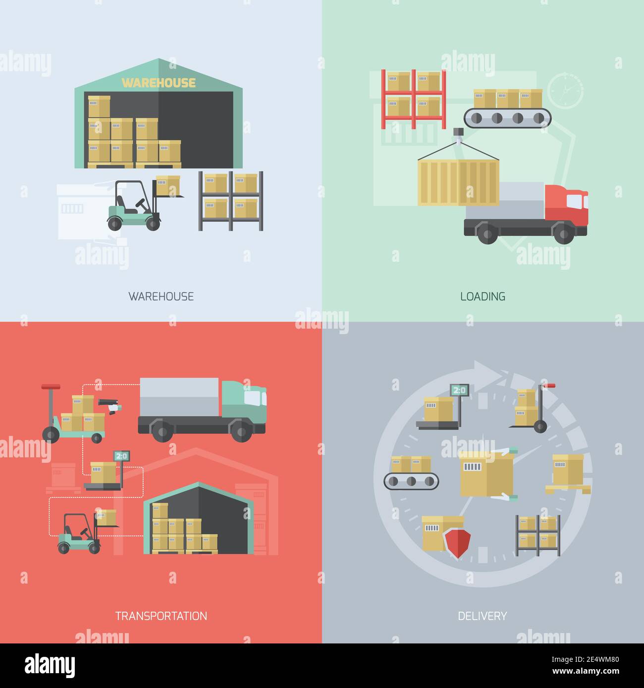 Warehouse design concept set with loading transportation and delivery ...