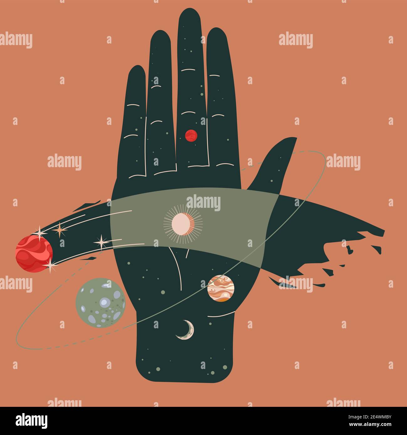 Palm and celestial bodies, planets stars on hand Stock Vector Image ...