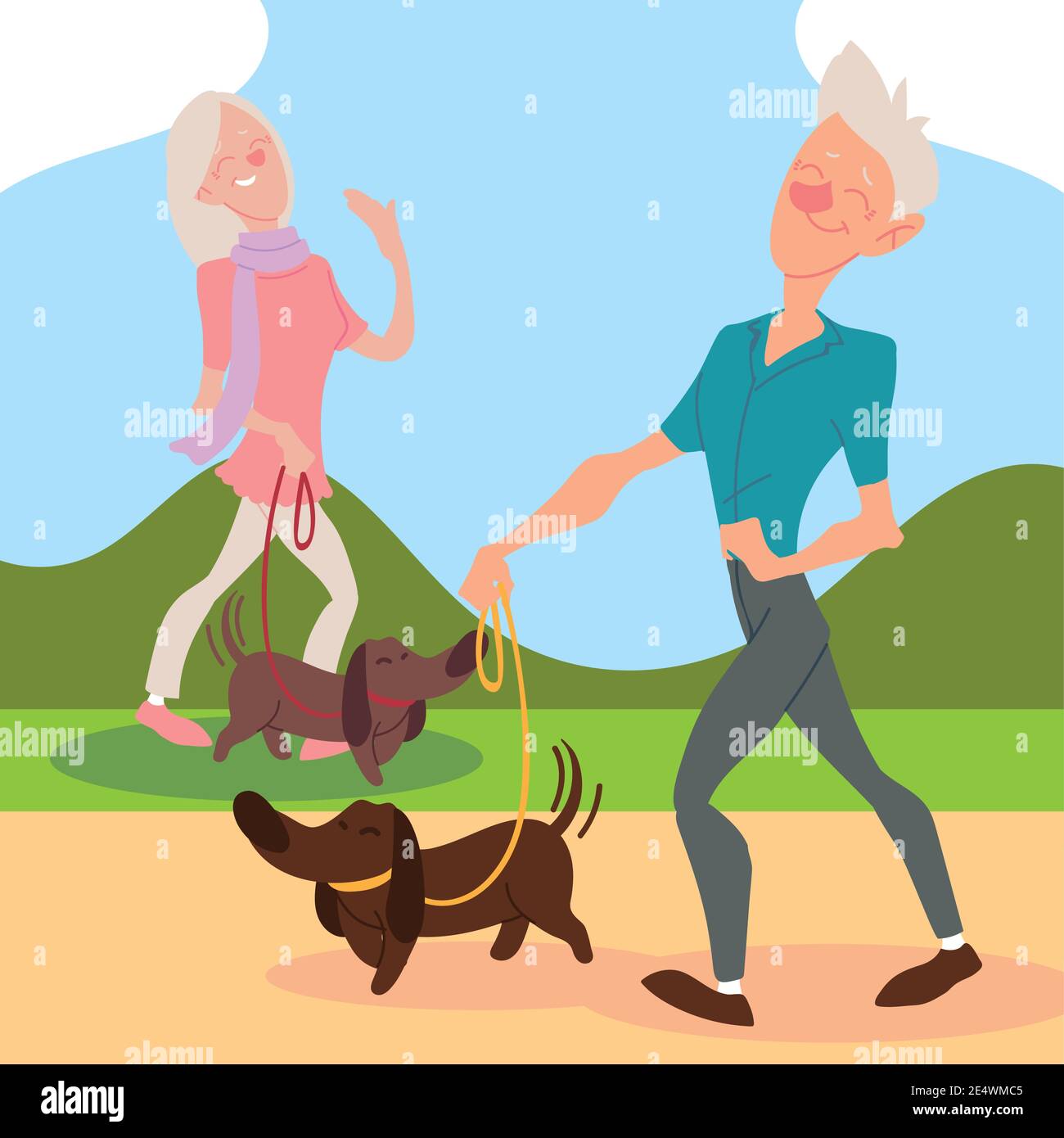 seniors active, old man and woman walking with dogs vector illustration ...