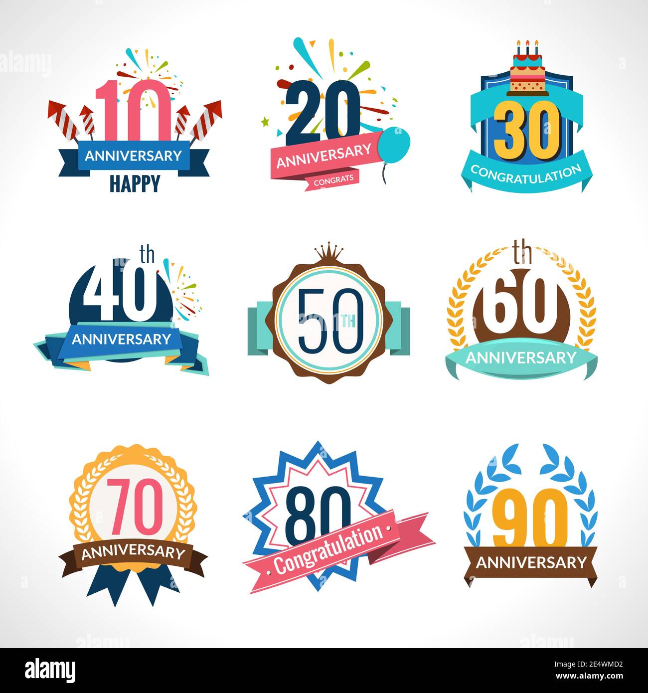 Anniversary happy holiday festive celebration emblems set with ribbons ...